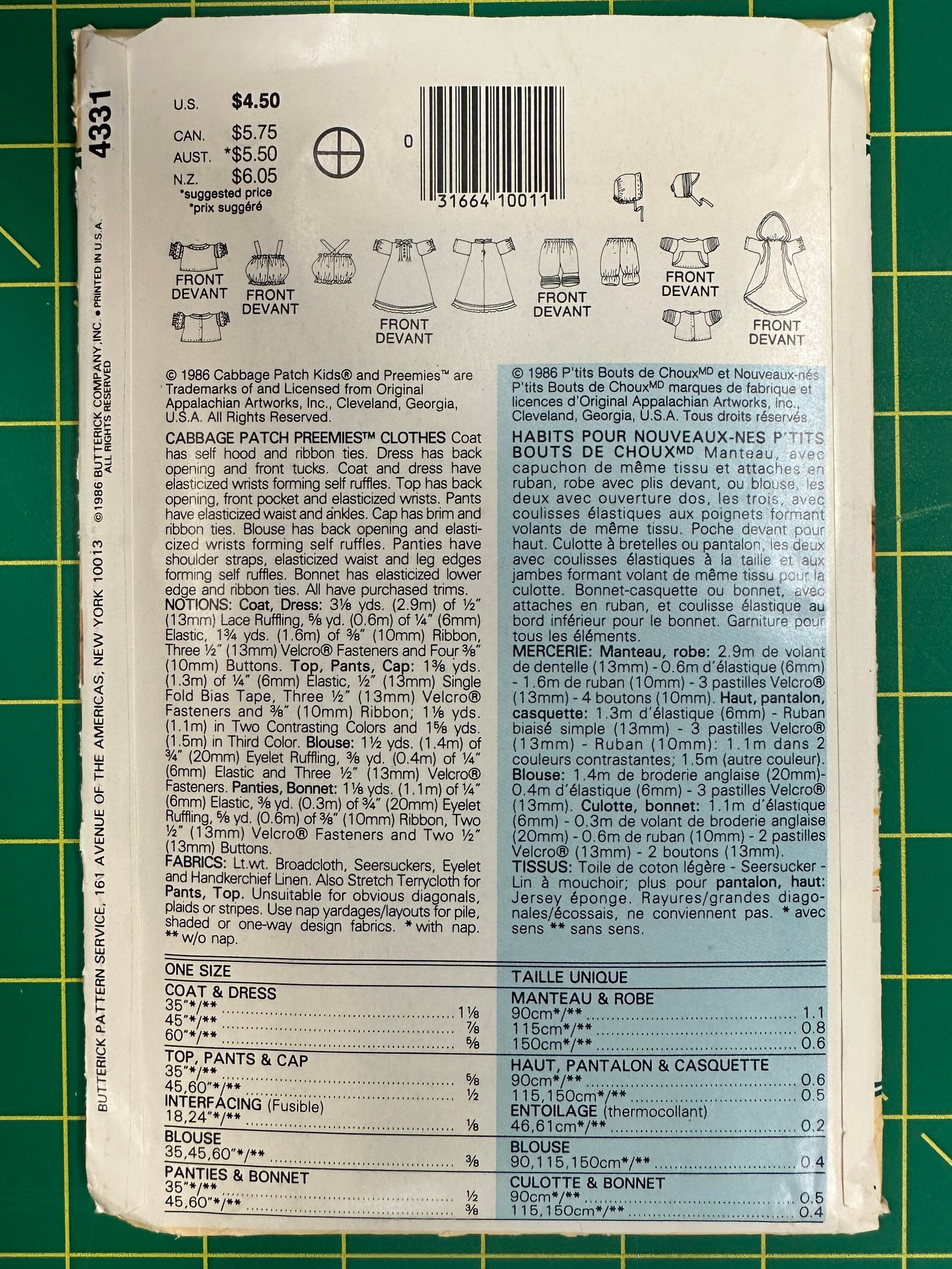 Vintage 1986 Butterick 4331 Pattern. Cabbage Patch Kids Preemies ...