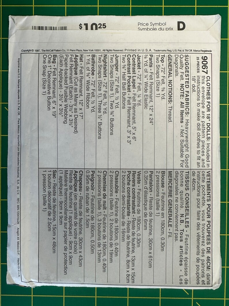 Vintage 1997 Mccalls 9067 UNCUT 18 Doll Clothes Pattern - Etsy