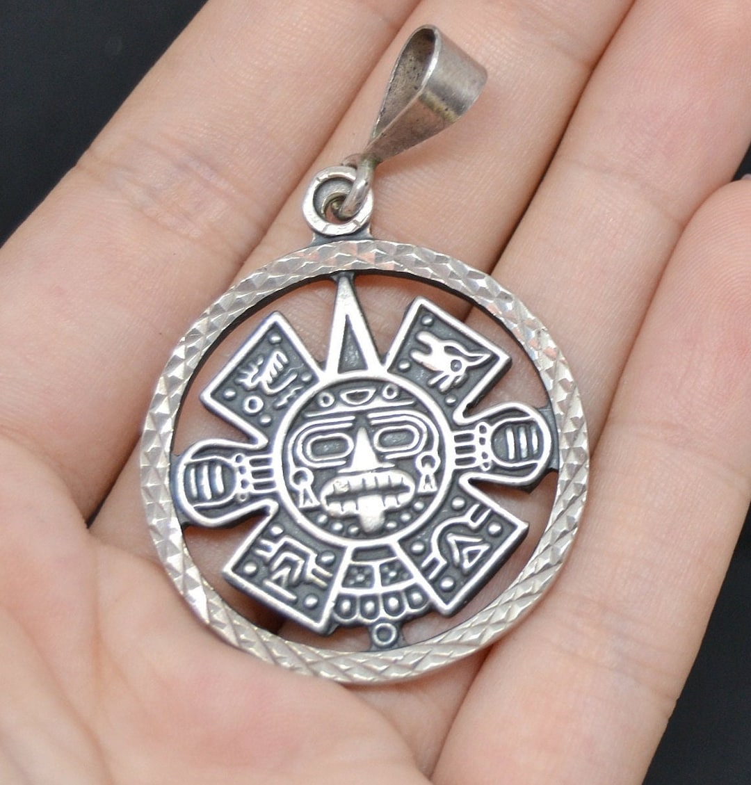 950 Silver Aztec God Pendant, Mayan Calendar, Sterling Silver Aztec ...