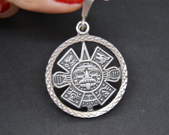 950 Silver Aztec Calendar Pendant: Tonatiuh Sun Stone… - Gem