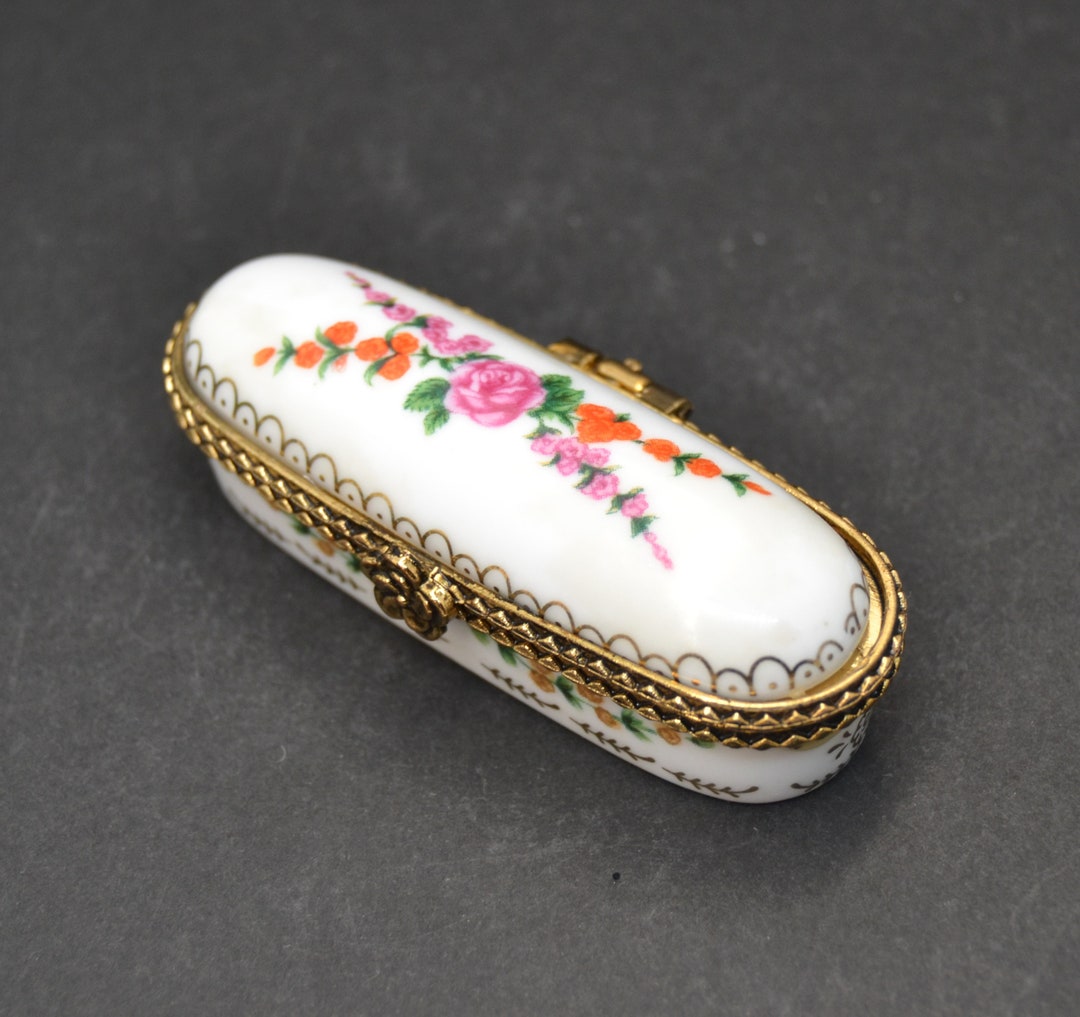 Vintage Porcelain Trinket Box, Hand Painted Floral Pill Box ...