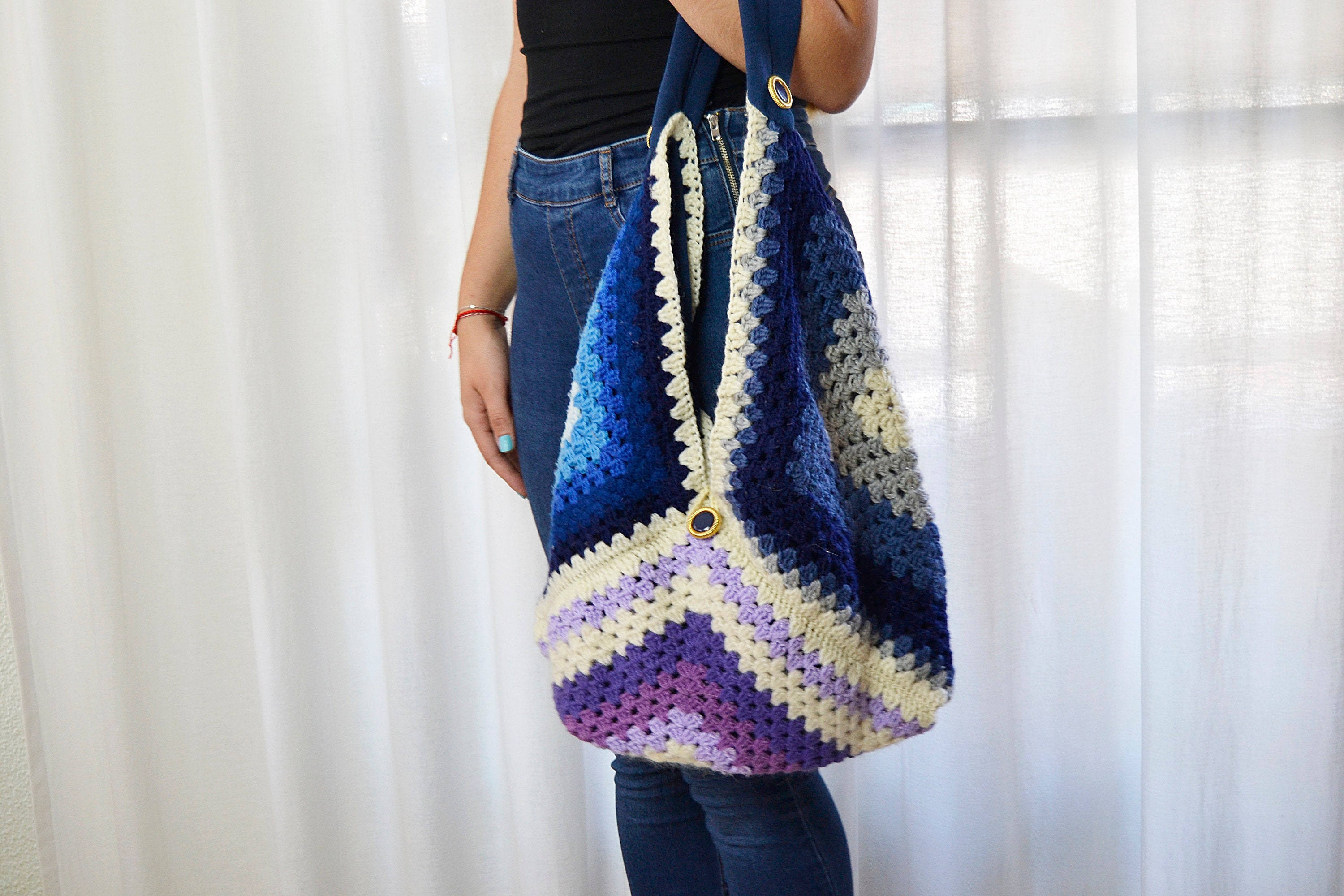 Wool bag purple bag vintage bag Crochet Bag Granny Square | Etsy