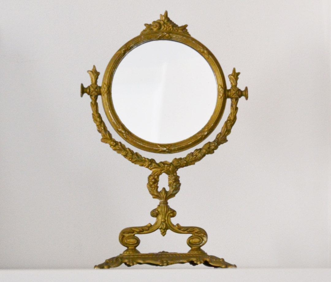 Victorian Style Metal Mirror, Antique Large Round Metal Table Mirror ...