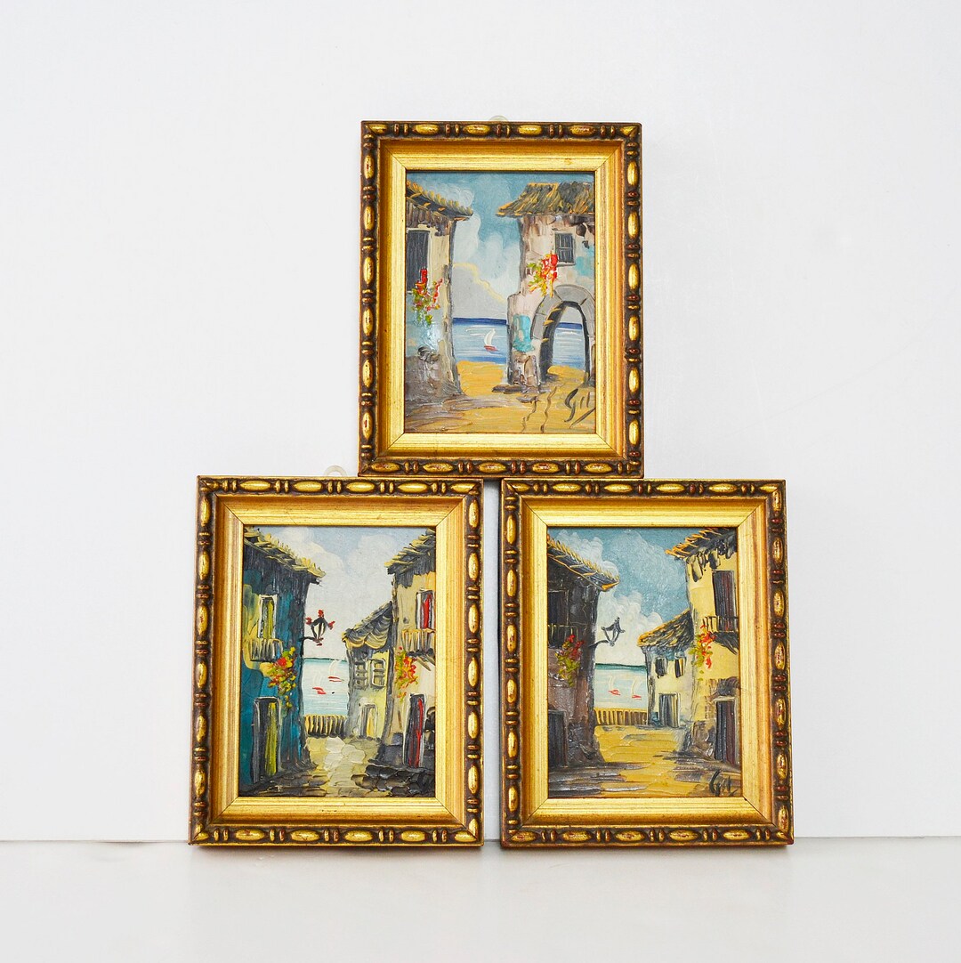 Three Hand-painted Paintings, Three Wooden Frames, Vintage Frames, Set ...