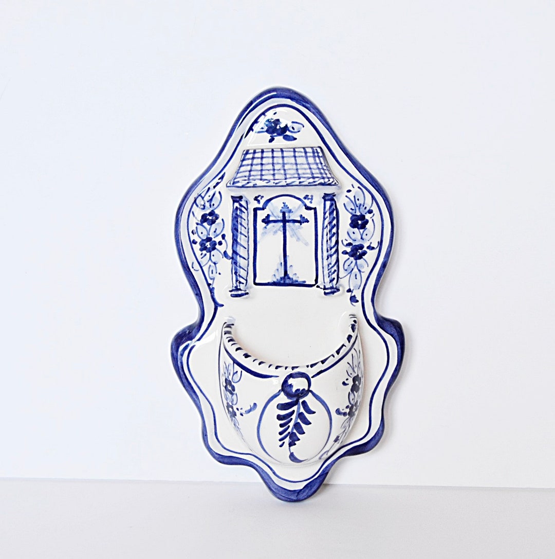 Vintage White and Blue Porcelain Holy Water Fountain, Ceramic Holy ...