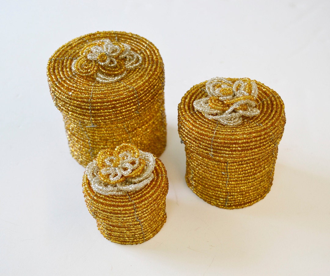 Golden Beaded Christmas Ornament Boxes: Vintage Jewelry Storage - Etsy