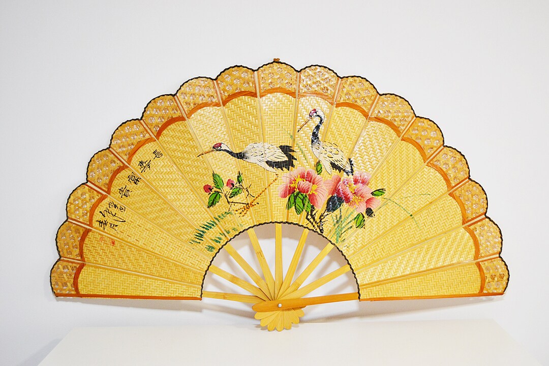 Vintage Large Asian Huge Chinese Hand Painted Bamboo Wall Fan Wall Home ...