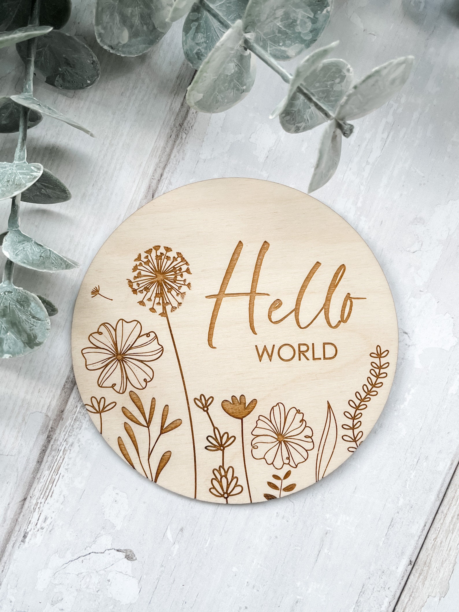 Hello World Wooden Disc Wooden Baby Announcement Baby - Etsy