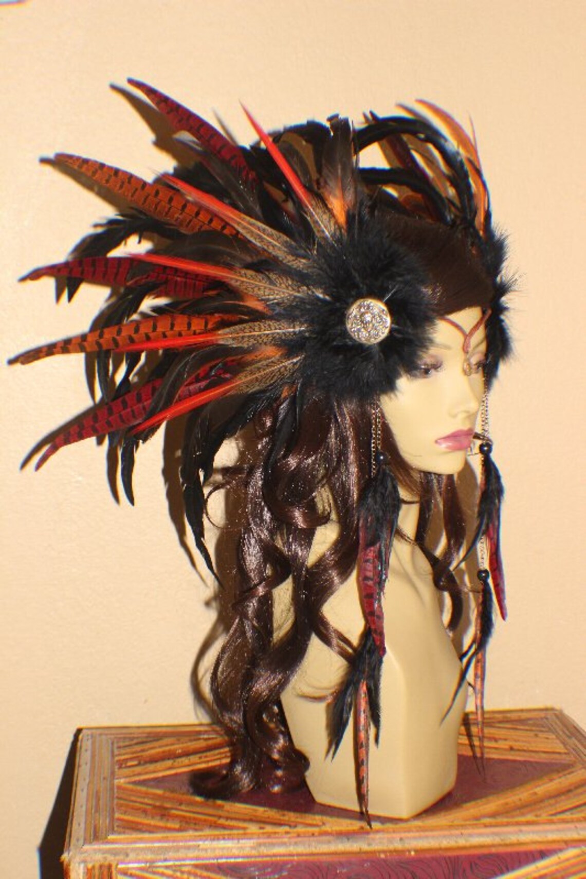 Custom Black Red Orange and Gold Feather Headdress With Art - Etsy