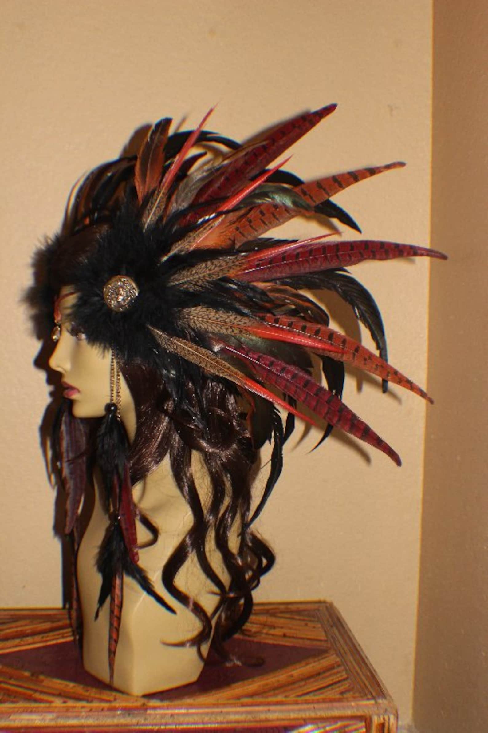 Custom Black Red Orange and Gold Feather Headdress With Art - Etsy