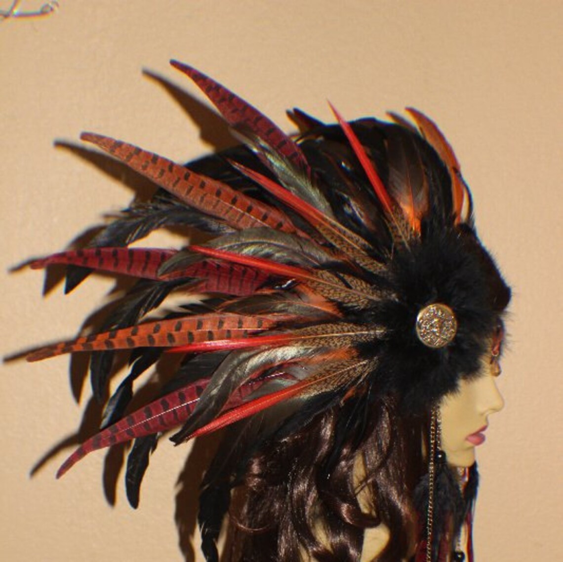 Custom Black Red Orange and Gold Feather Headdress With Art - Etsy