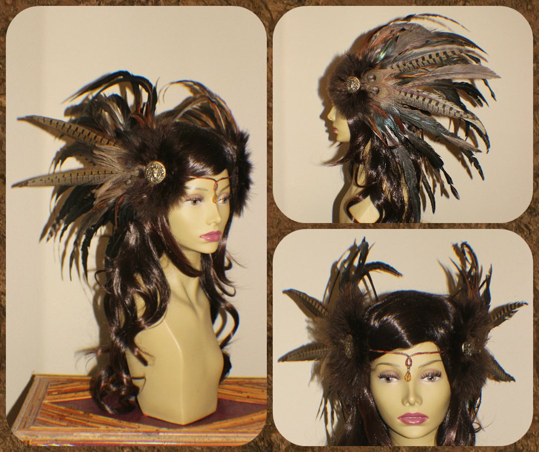 Custom Bronze Gold Copper Brown and Green Feather Headdress - Etsy
