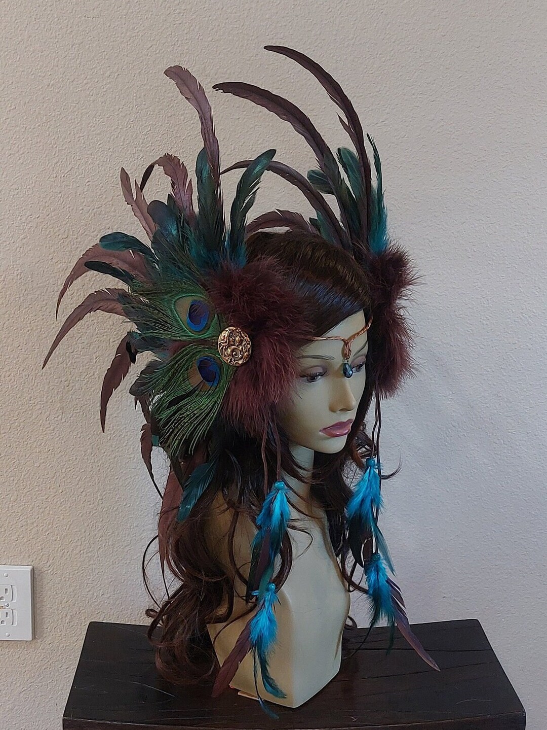 Feather Headdress in Brown, Teal, Turquoise and Green Feathers With ...