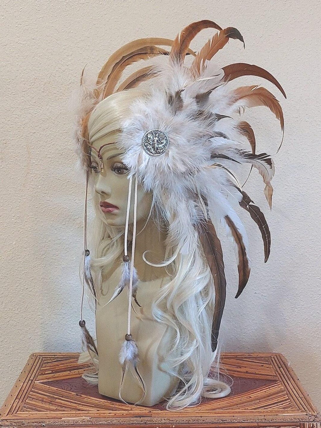 Cream Brown Ginger Tan Feather Headdress With Silver Medallions - Etsy