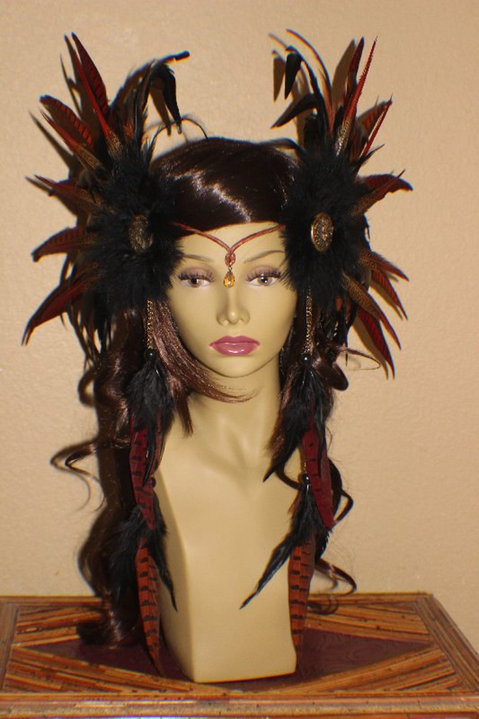 Custom Black Red Orange and Gold Feather Headdress With Art - Etsy