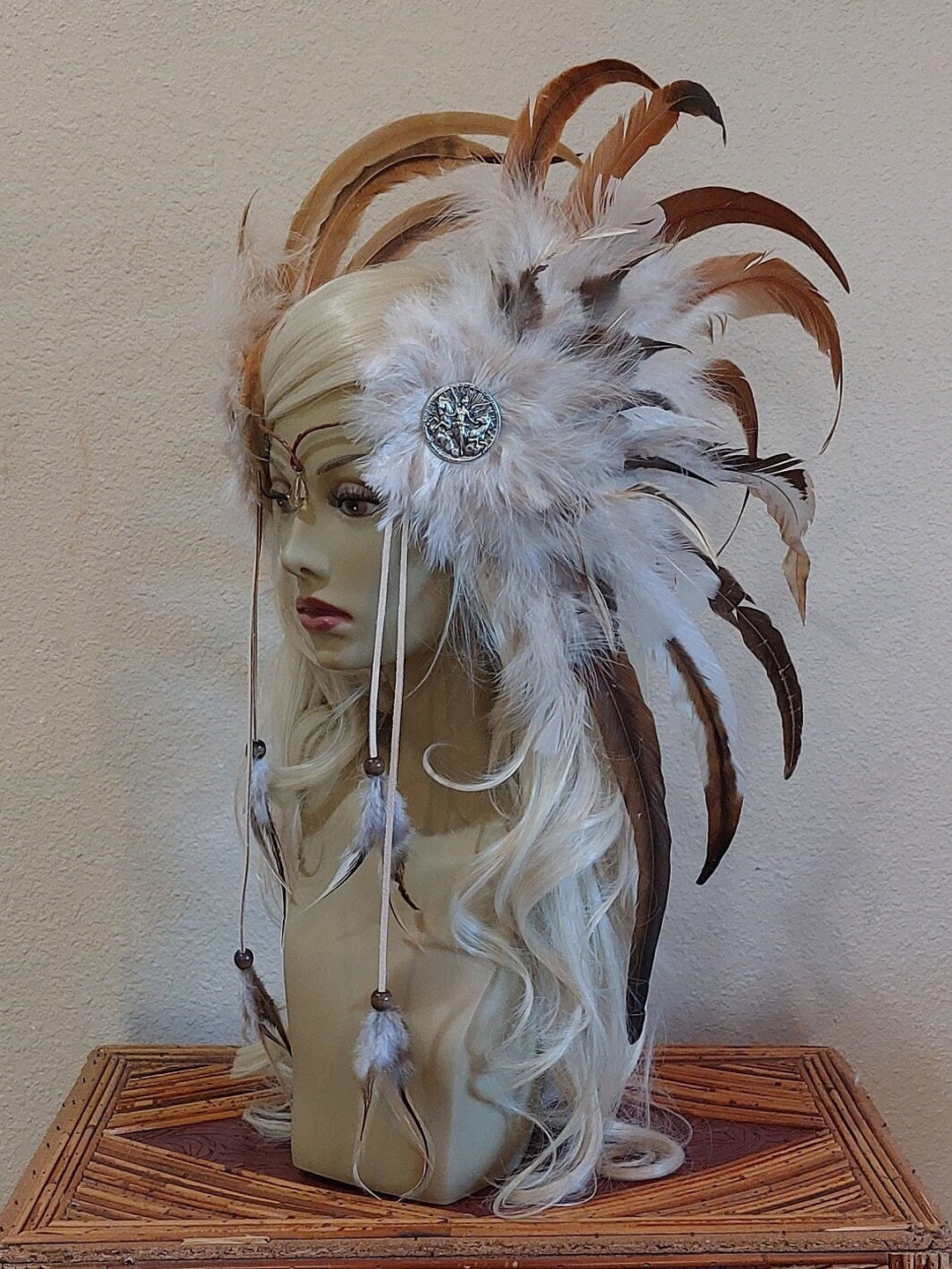 Cream Brown Ginger Tan Feather Headdress With Silver Medallions - Etsy
