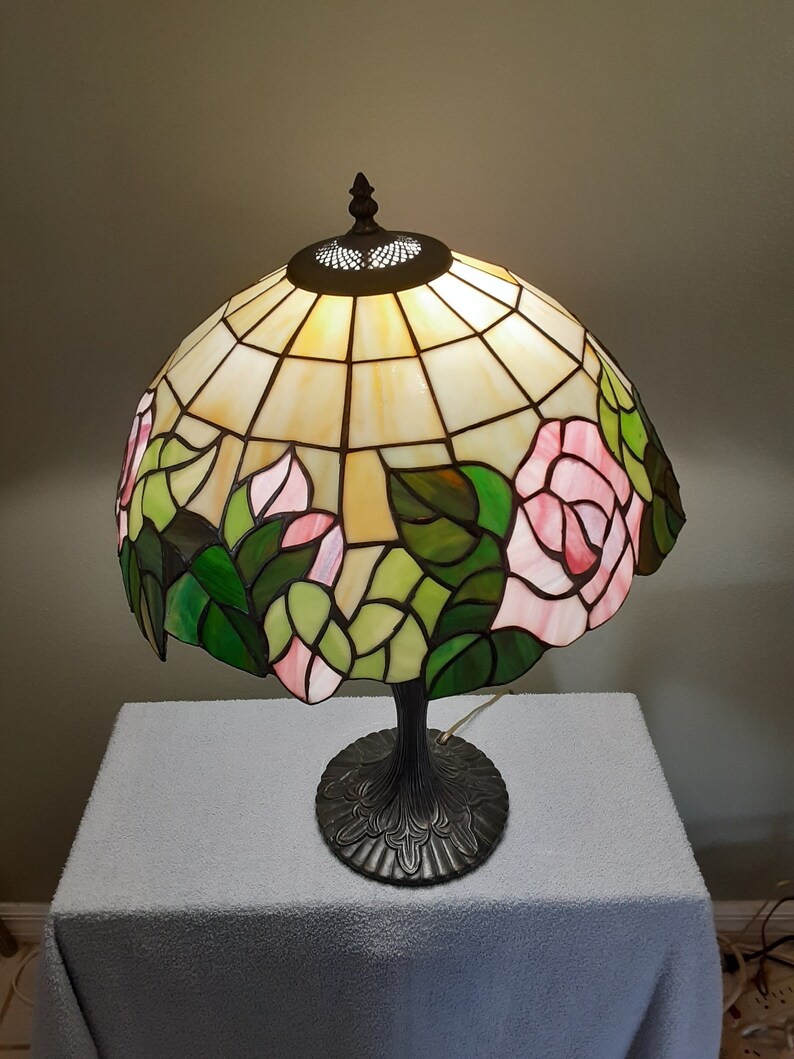 Stained Glass Lamp Floral Motif Accent Lamp Cabbage Rose - Etsy