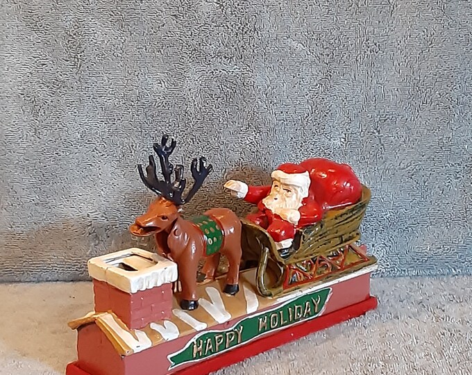 Mechanical Bank - Cast Iron - Santa Claus in His Sleigh - Happy Holiday ...