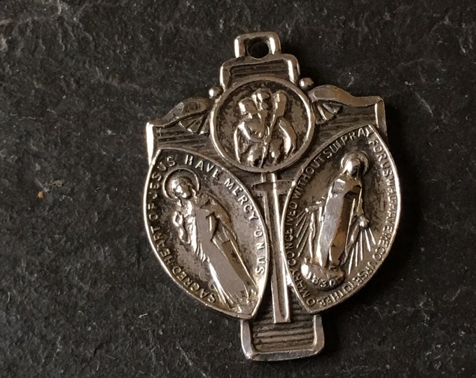 VTG 1x3/4" Sterling Scapular 3 Way Cross St Medal Saint Christopher ...