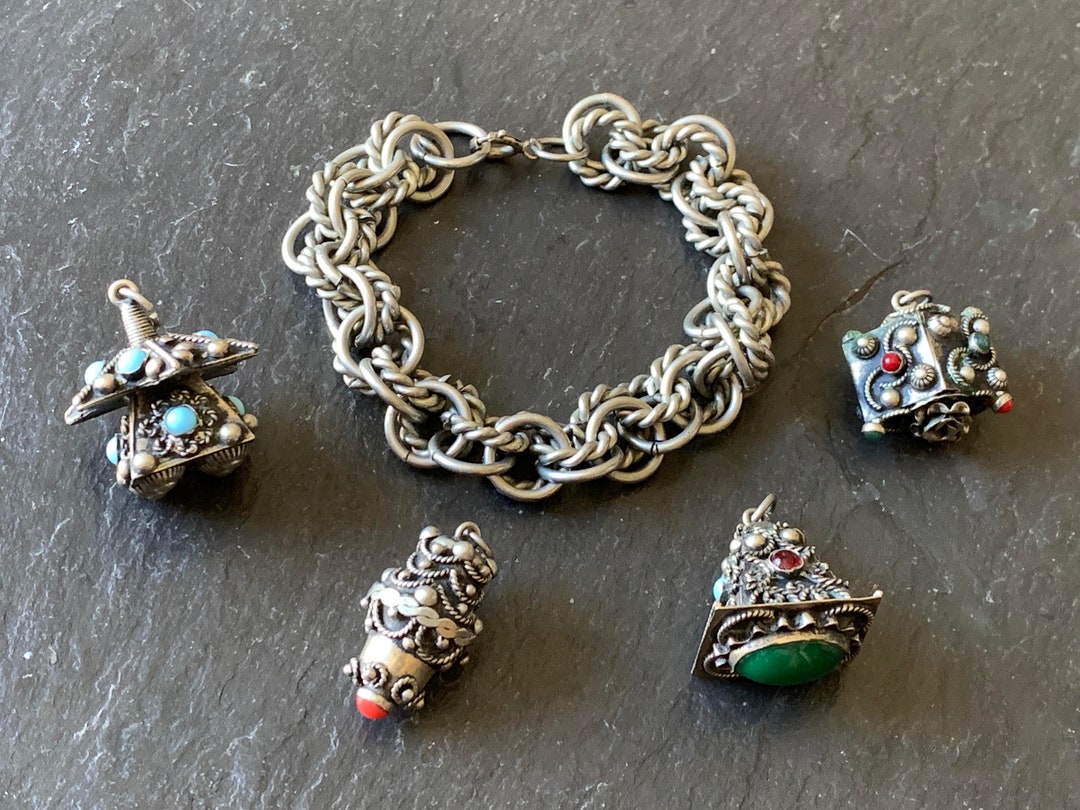 1 Large VTG Sterling Silver Etruscan Large Fob Charm or Double Ring Chain Bracelet Chunky ...