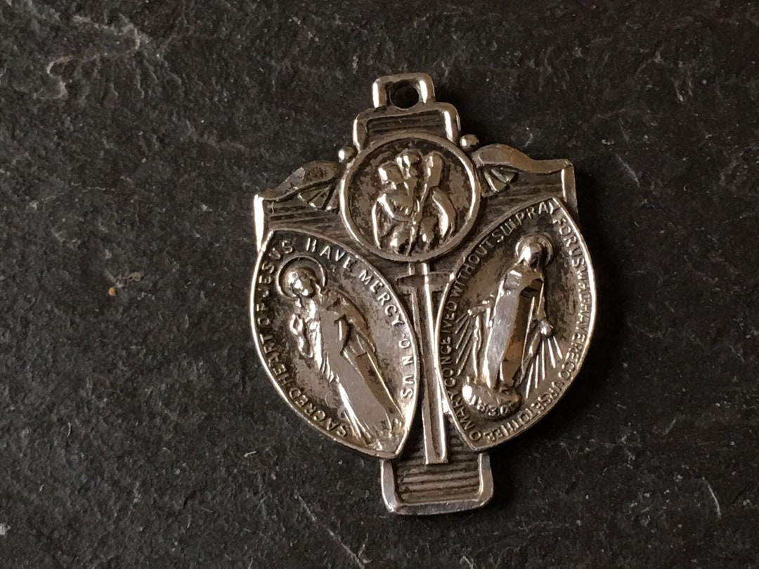 VTG 1x3/4" Sterling Scapular 3 Way Cross St Medal Saint Christopher ...