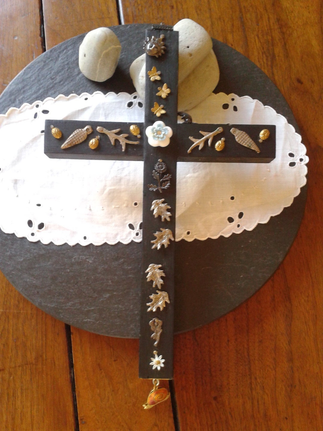 12x7" Garden Milagro Sterling Silver Charm Black Wood Cross Mixed Media ...