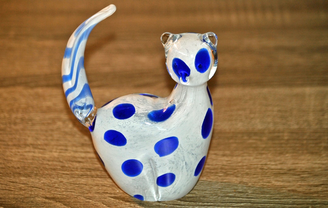 MURANO CAT-WHITE W/bright Blue Spots and Blue and White drawn Feather ...