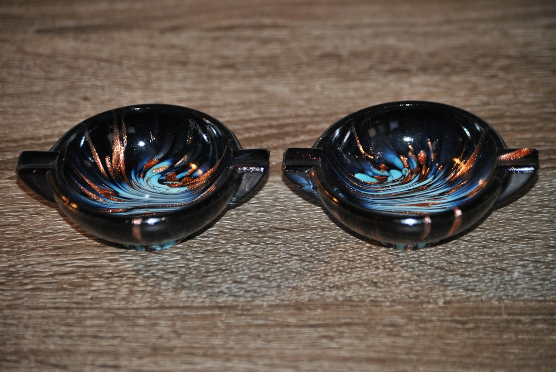 2 MURANO Ashtrays-weil Glass Palm Black, Turquoise & Copper - Etsy