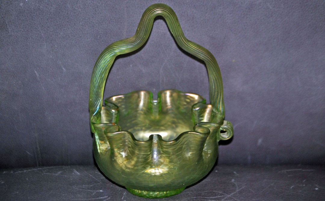 1898 LOETZ BASKET Iridescent Pale Green Hand Blown - Vintage - Etsy