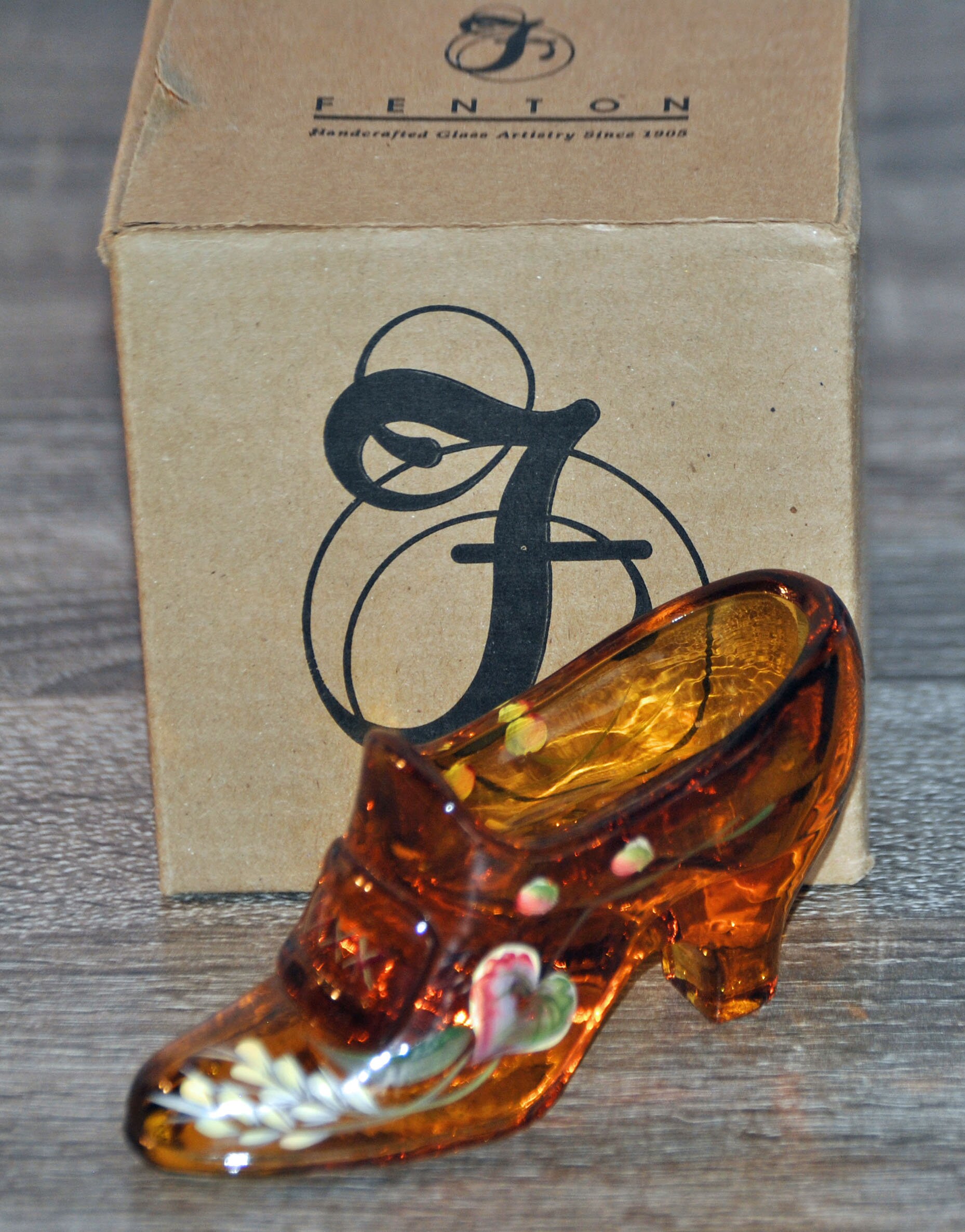FENTON SHOE AMBER Glass Dainty Flower Trim-original Box and Sticker - Etsy
