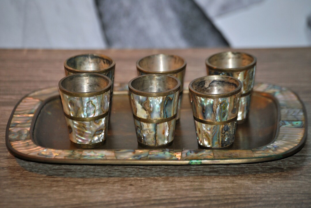 Abalone And Brass Set Tray W6 Shot Glasses Mexico Vintage Etsy