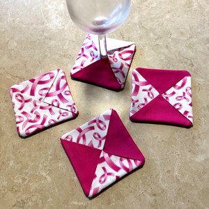 Pink Ribbon Wine Glass Coasters, Breast Cancer Theme Gift, Set of 4 ...