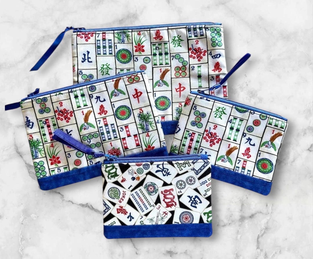 Blue Mahjong Fabric Zipper Bag, Mahjong Gift, Handmade Padded Zipper ...