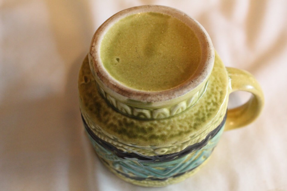 Abstract Art Pottery Mug Mid Century Boho Coffee Cup Lime and Navy Blue ...