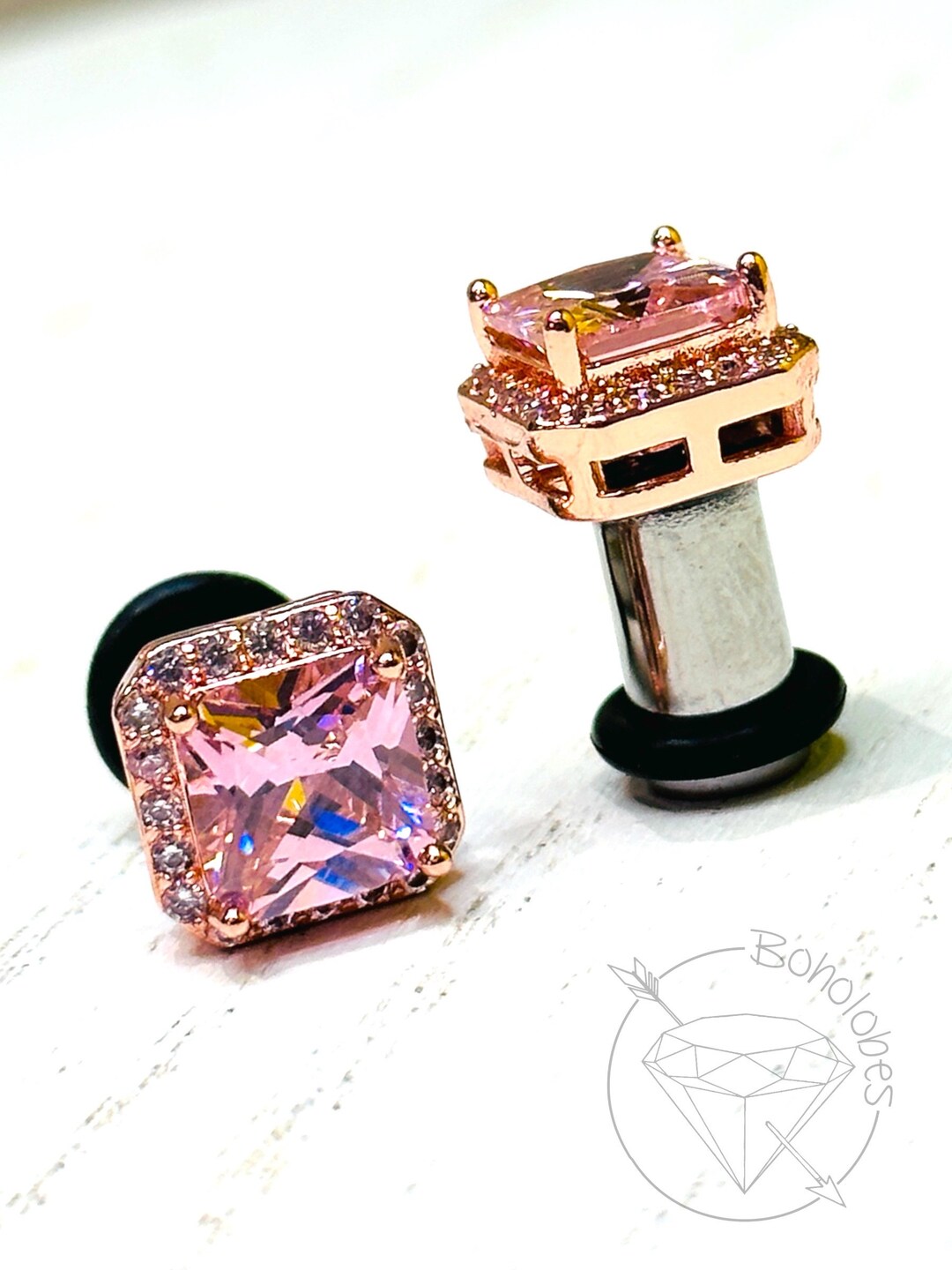 Rose Gold and Pink Crystal Plugs Square CZ Halo Stud Wedding Plugs ...