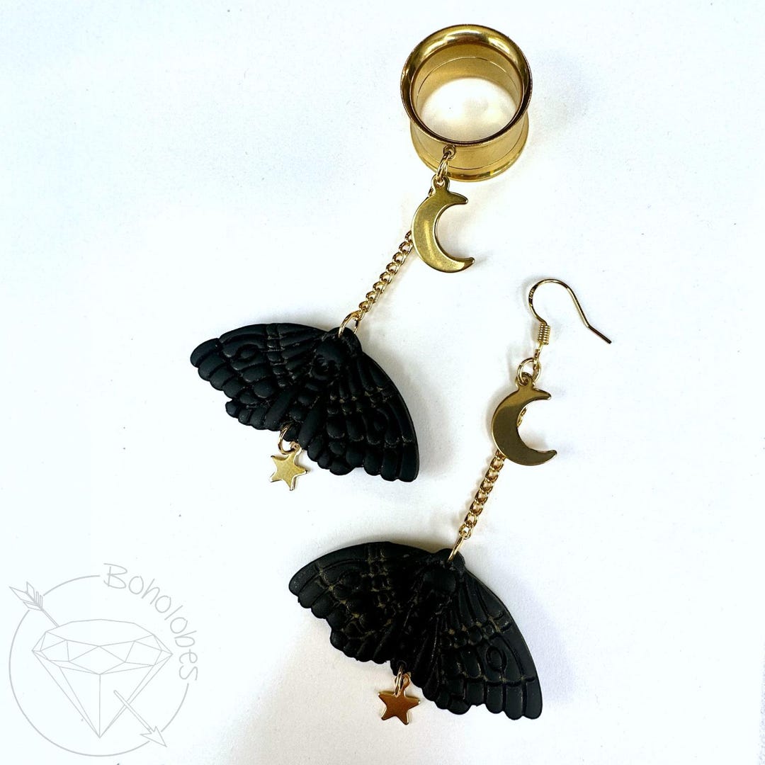 Black Goth Moth Celestial Screw Back Plugs Gauges Tunnels: 2g 0g 00g 1/ ...