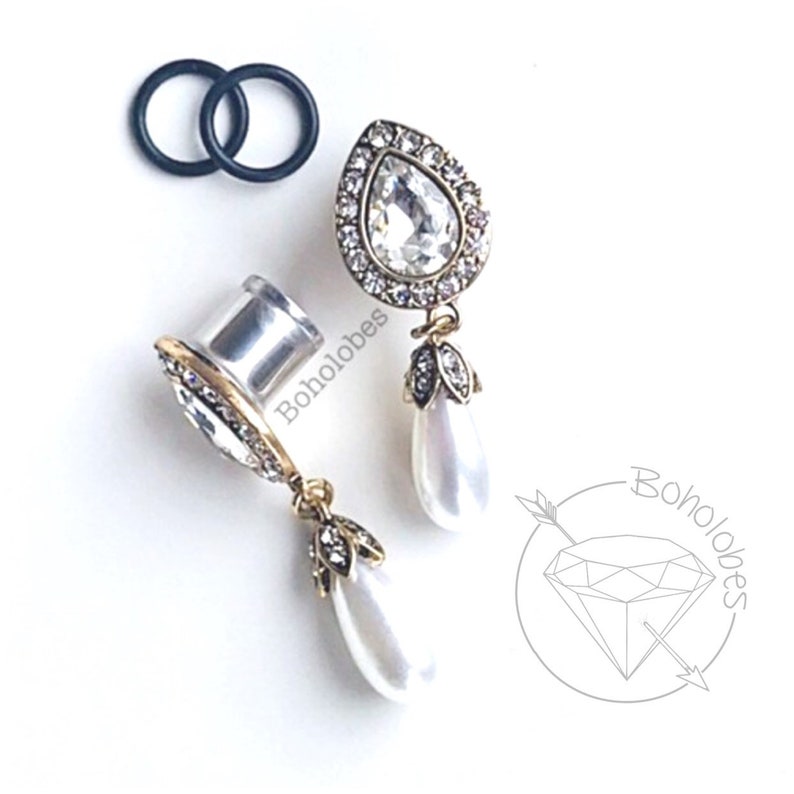 Yellow Gold Plugs Water Drop Crystal Plugs and Pearl Wedding - Etsy