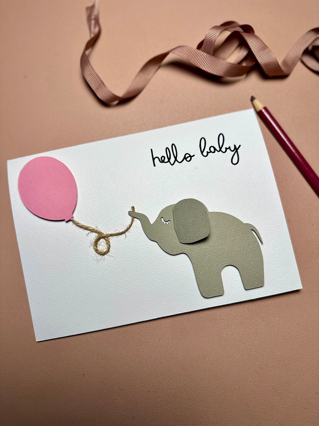 New Baby Card Hello Baby Pink Balloon and Cute Elephant With 7 X 5 ...