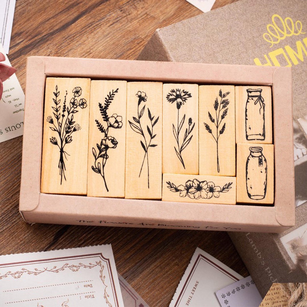 Plant Stamps Set, Vintage Wood Stamp, Flower and Bottle Rubber Stamps ...