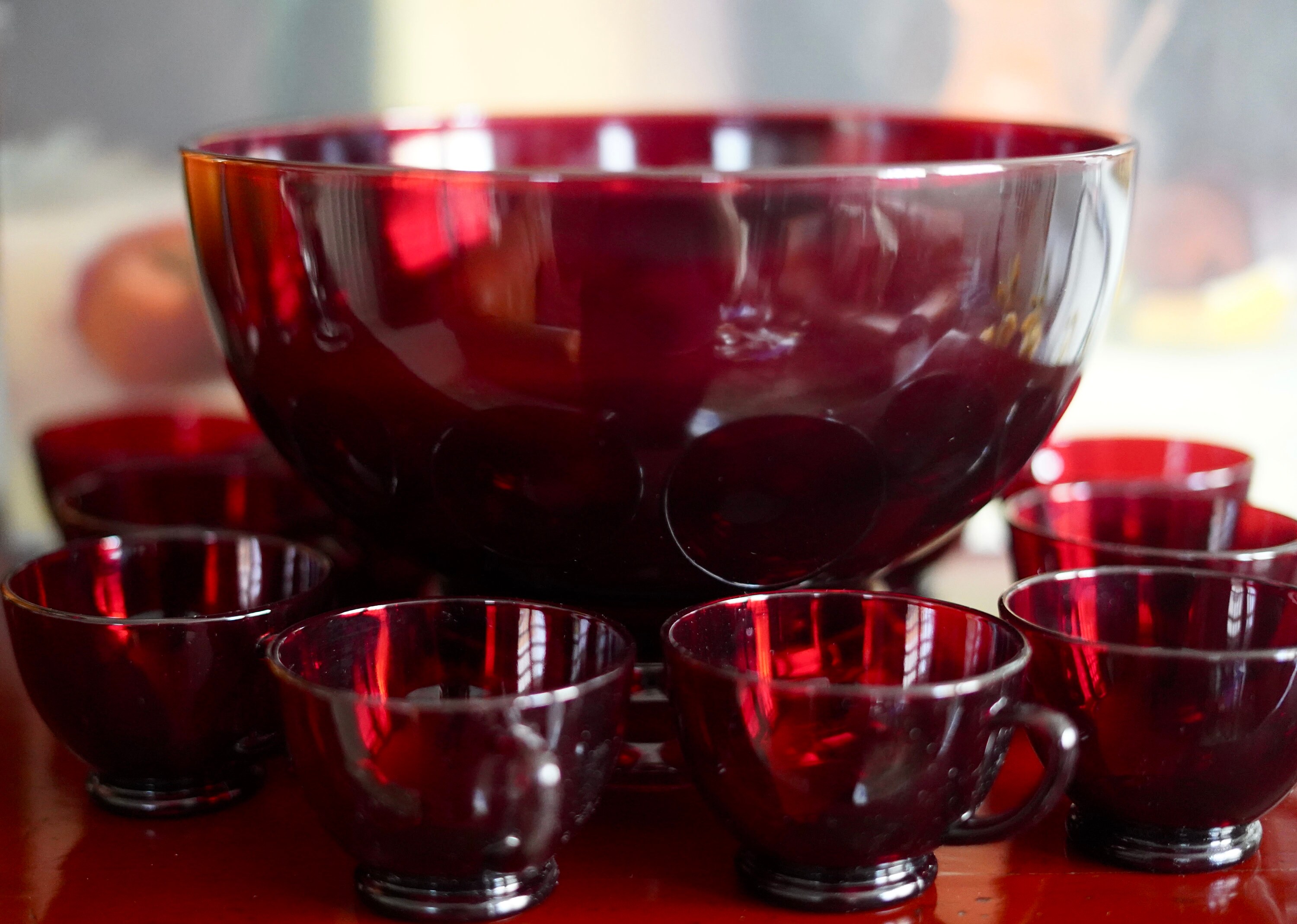 Vintage Footed Punch Bowl With Glasses Red Punch Bowl Set - Etsy