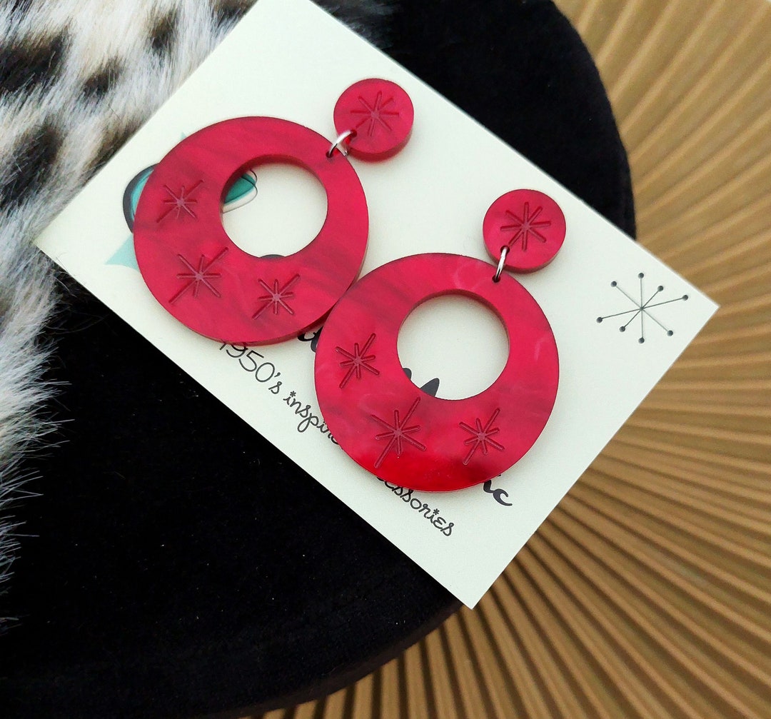 1950s Style Marbled Red Hoop Earrings With Carved Starbursts by ...