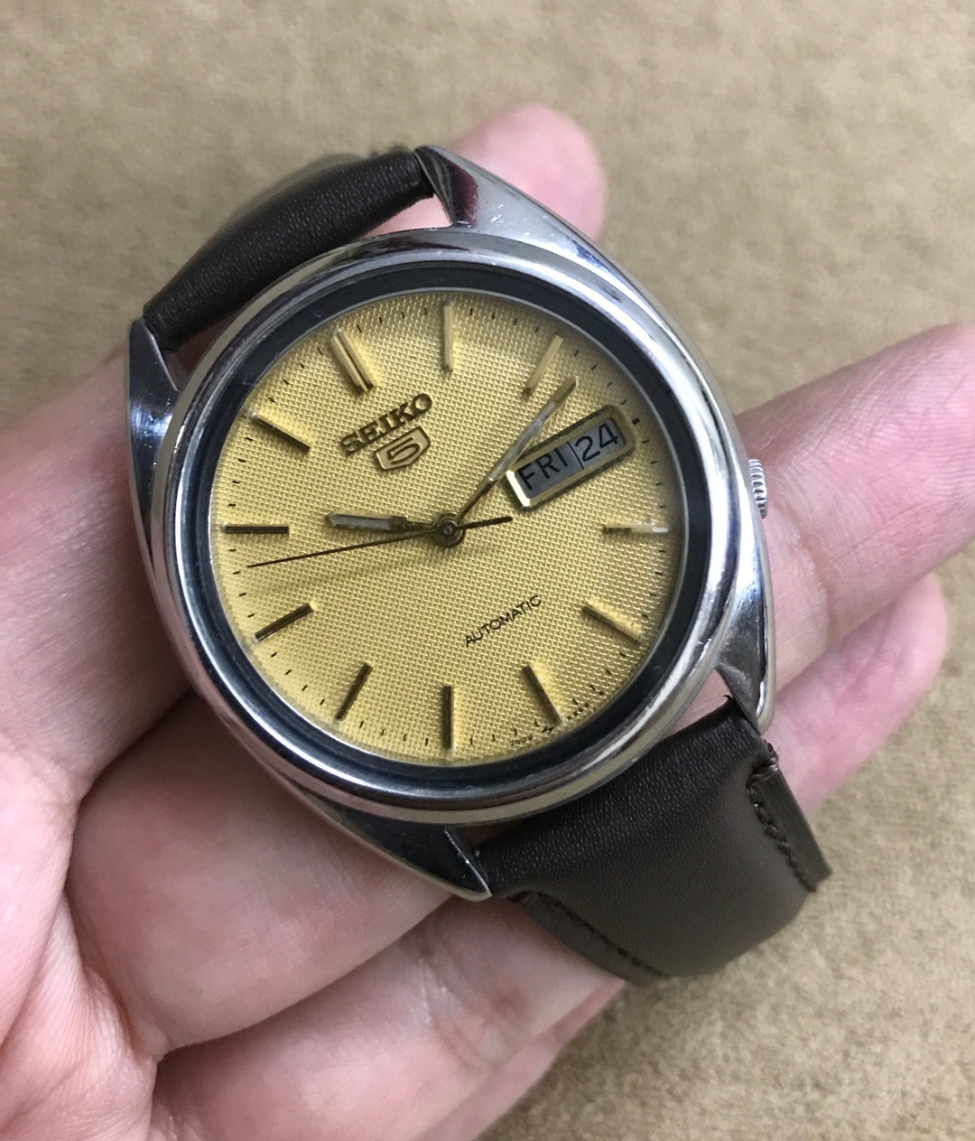 Vintage Seiko 5 Automatic Watch Men's Vintage Day Date 17 Jewels Clean Condition Yellow Gold ...