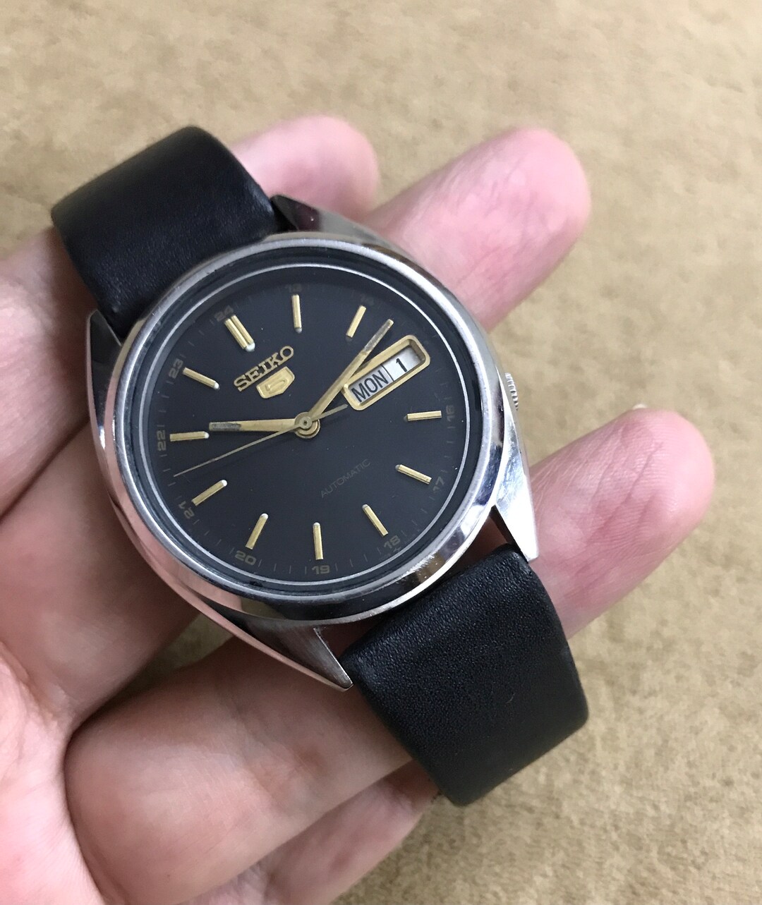 Vintage Seiko 5 Automatic Watch Men's Vintage Watch Day Date 17 Jewels Clean Condition Black 24 ...