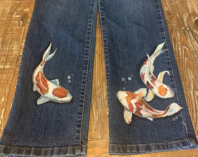 Painted Jeans - Hand Painted Koi Fish on Denim Blue Jeans - Women's ...
