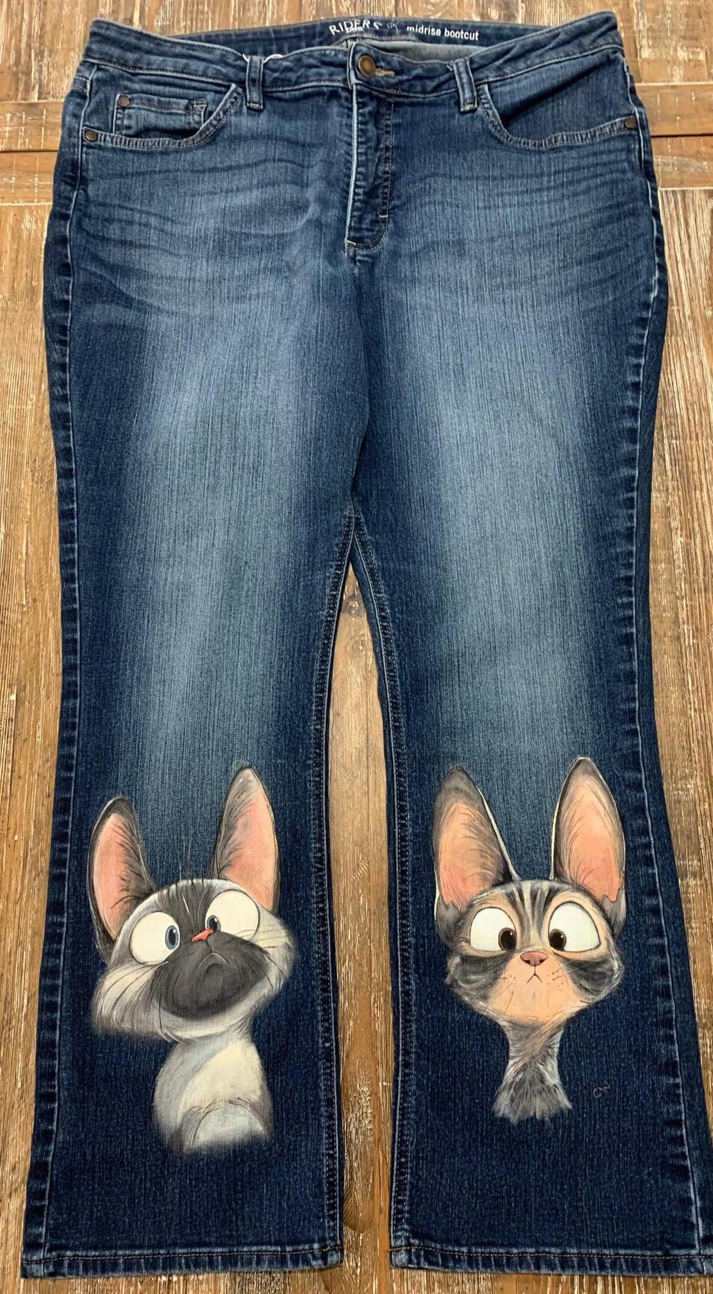 Painted Jeans - Silly Hand Painted Cats on Denim Blue Jeans - Women's ...