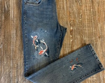 Painted Jeans Hand Painted Koi Fish on Denim Blue Jeans - Etsy