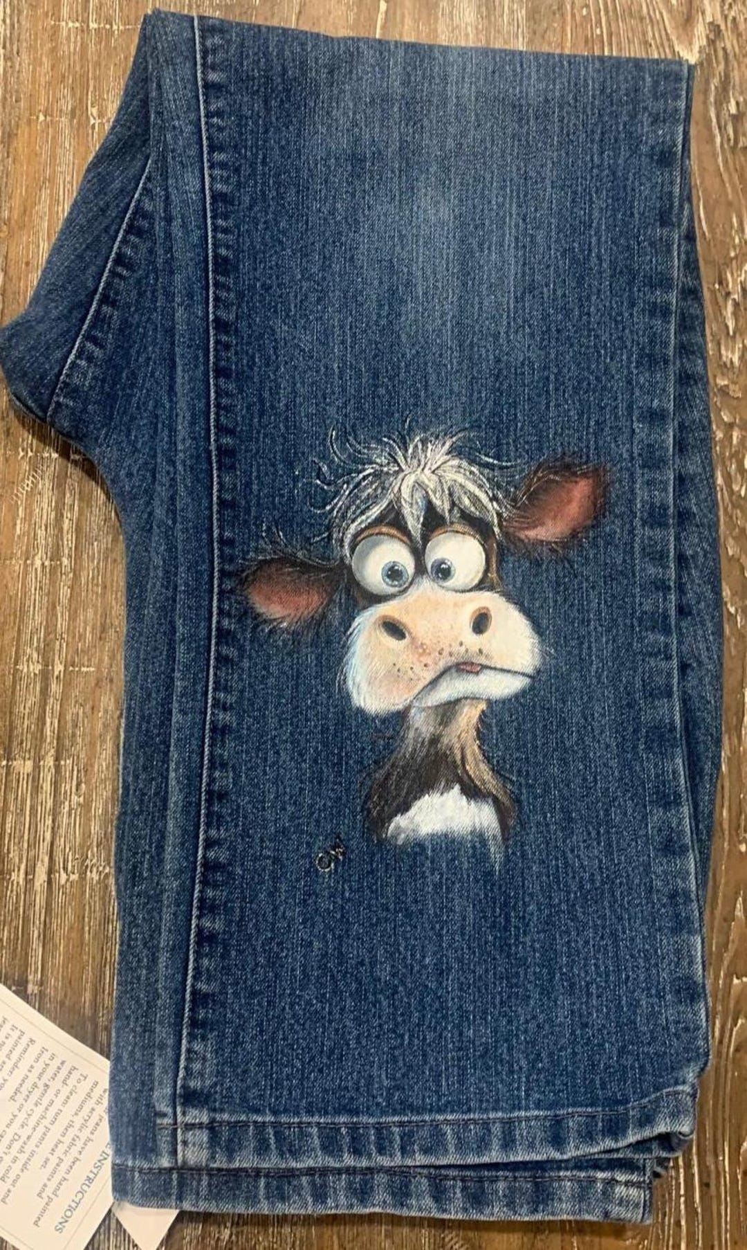 Hand Painted Silly Cow on Denim Jeans Recycled Women's Jeans - Size 8P ...