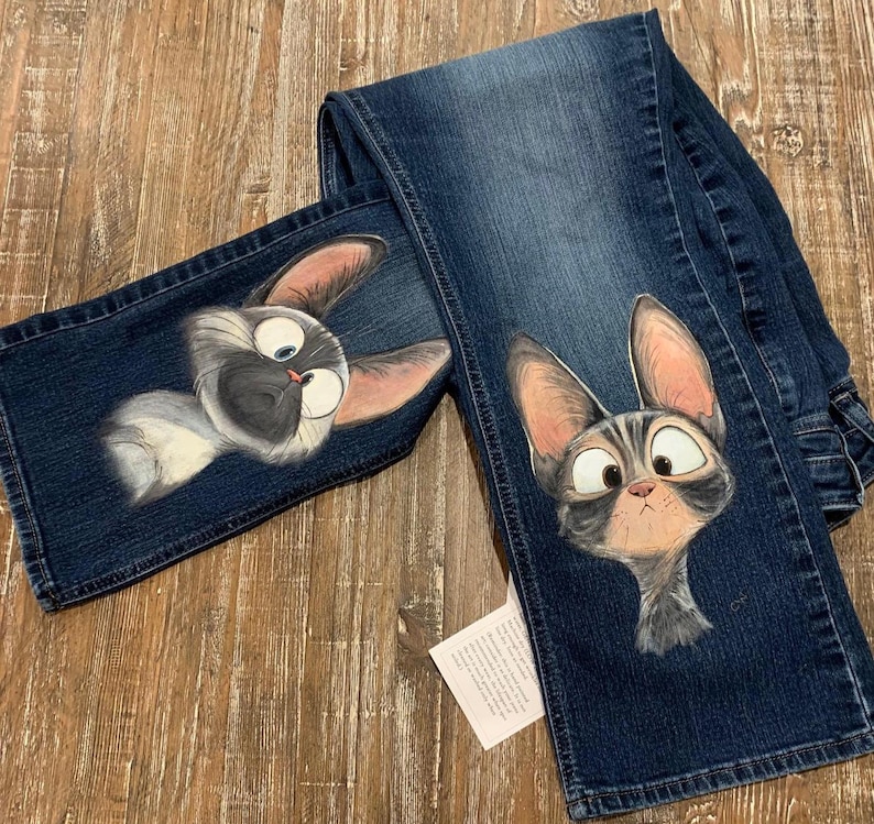 Painted Jeans - Silly Hand Painted Cats on Denim Blue Jeans - Women's ...