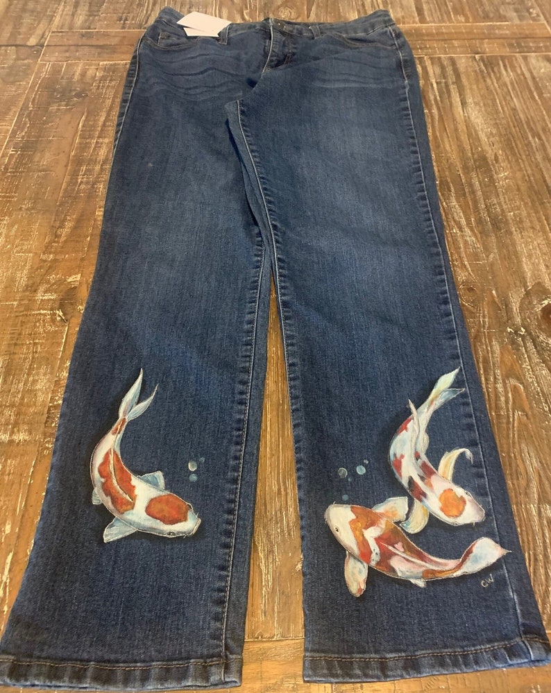 Painted Jeans Hand Painted Koi Fish on Denim Blue Jeans Women's Jeans ...