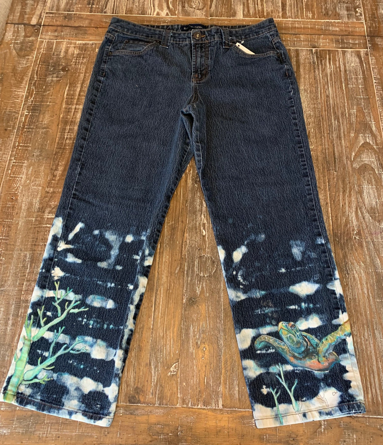 Painted Jeans Sea Turtle With Coral on Denim Blue Jeans - Etsy